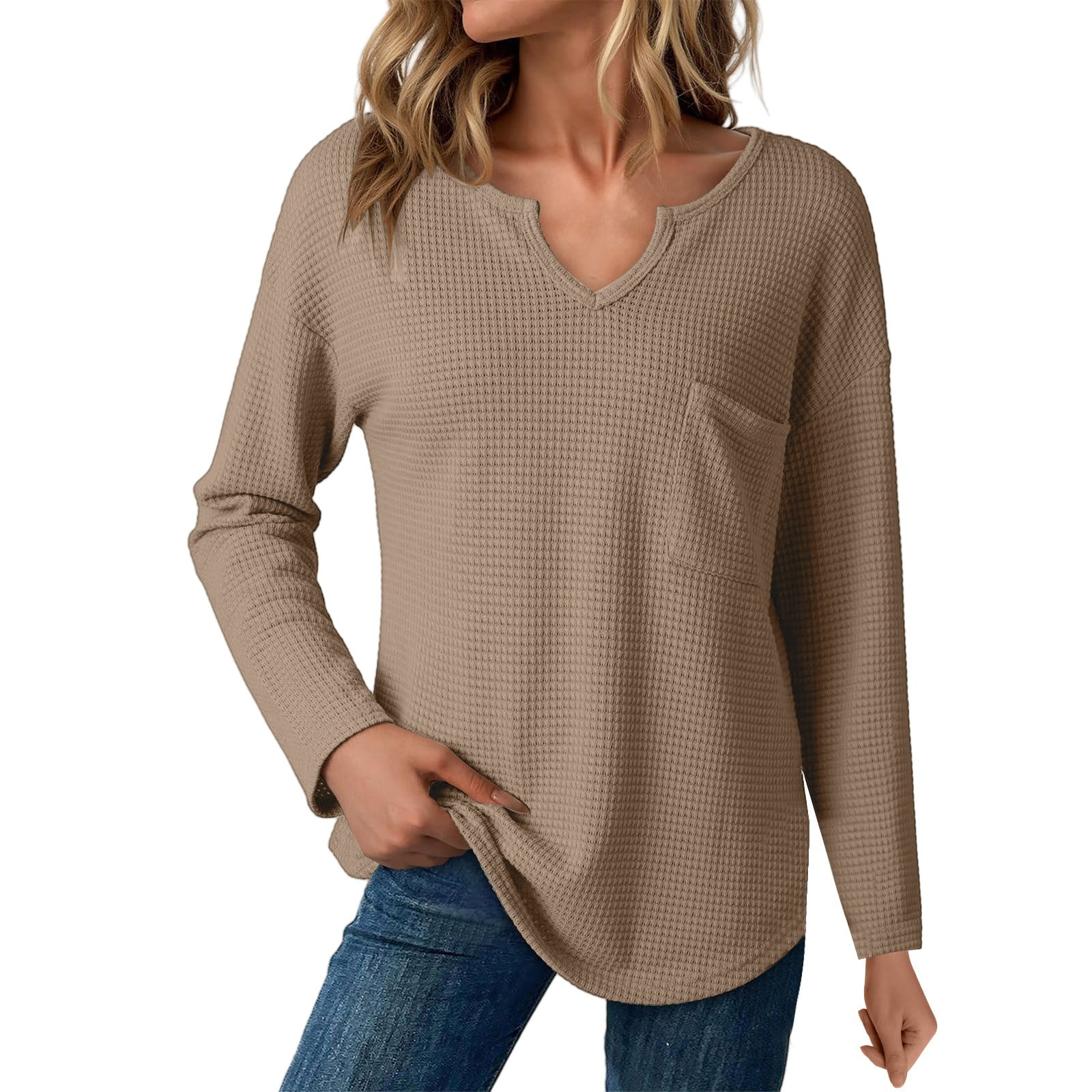 Bovemsi Women's Long Sleeve Tops Knit Notched V Neck Shirts Casual ...