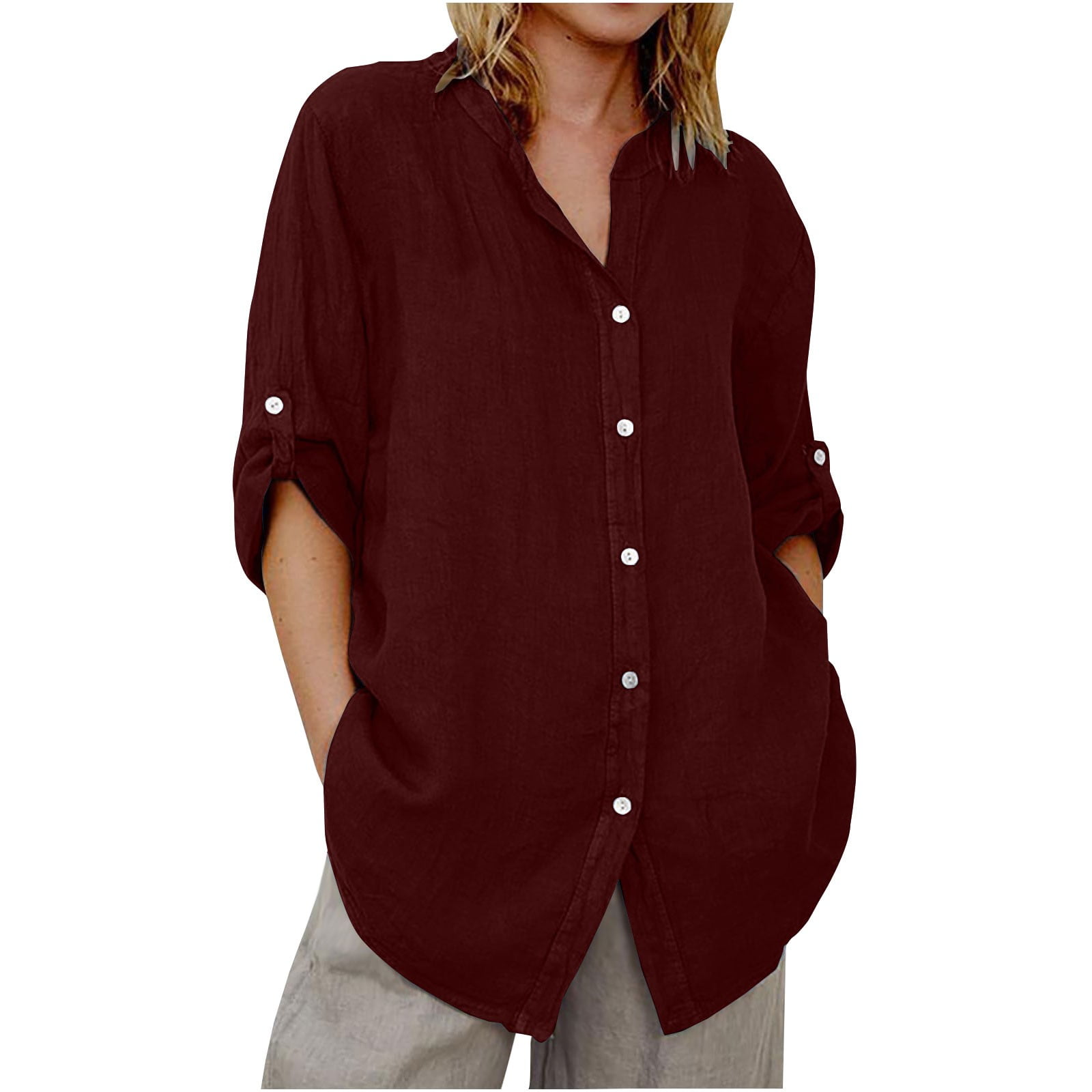 Bovemsi Women's Long Sleeve Tops Linen Button Down Shirts Dress Shirt ...
