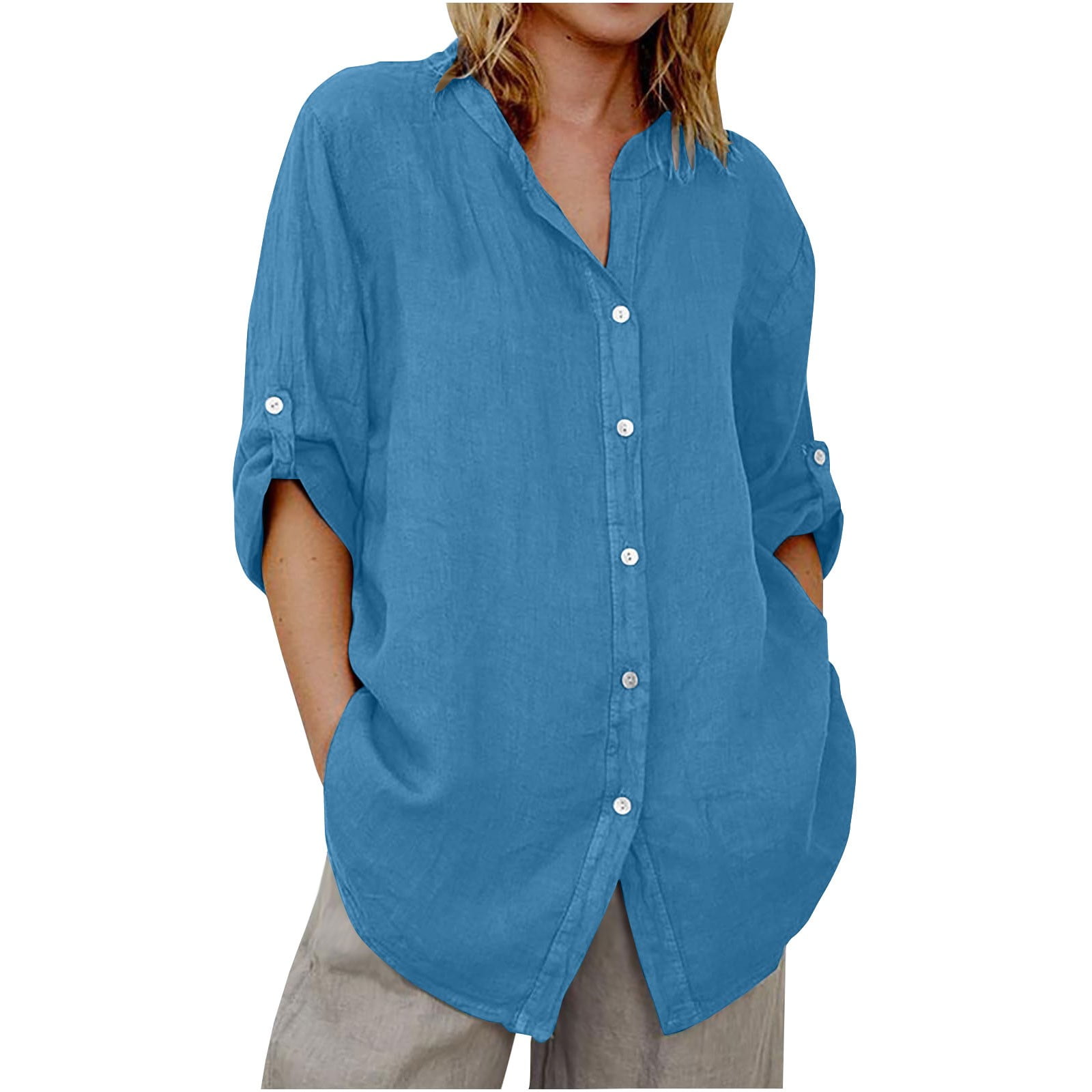 Bovemsi Women's Long Sleeve Tops Linen Button Down Shirts Dress Shirt ...