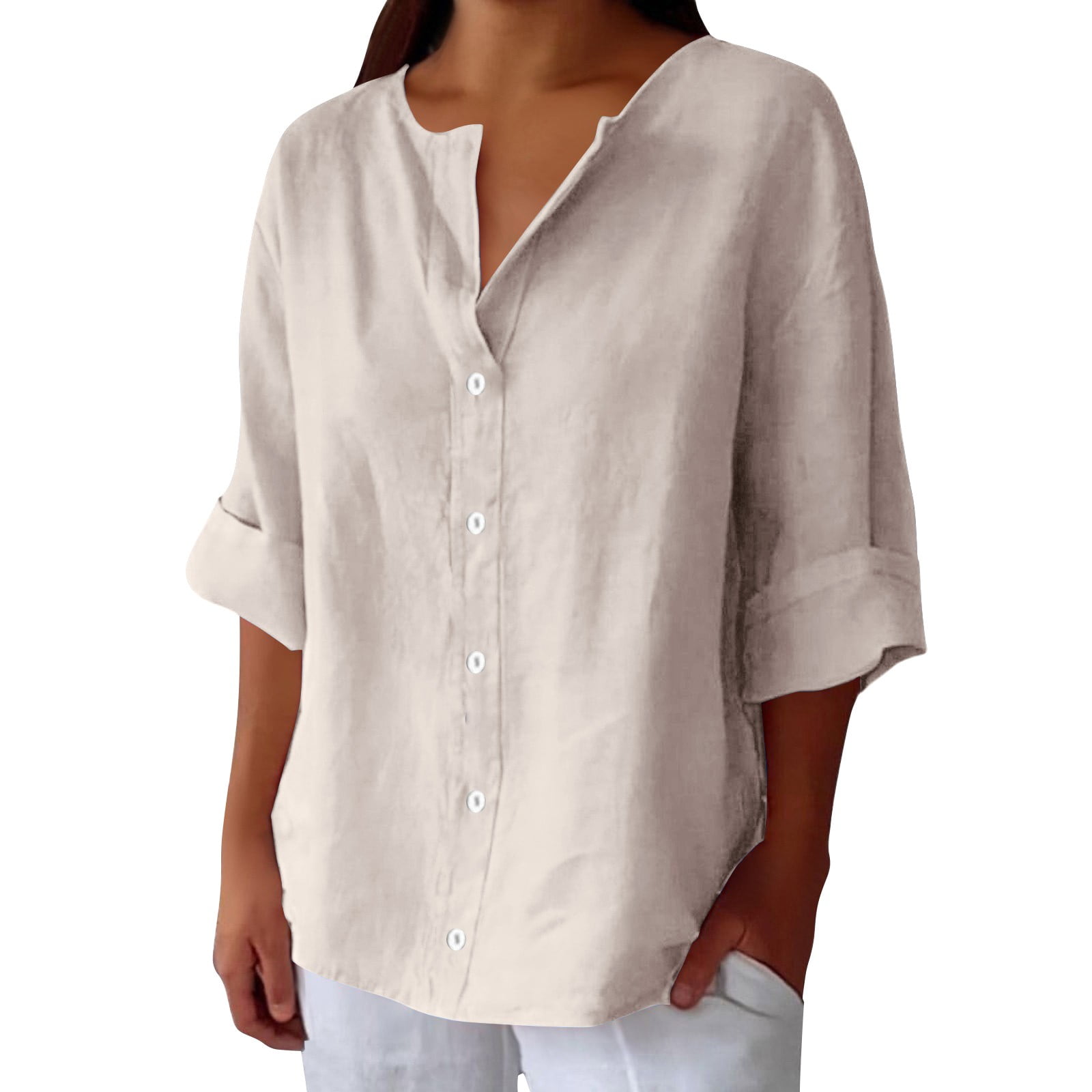 Bovemsi Women's Long Sleeve Tops Linen Shirts Summer Cotton V Neck 3/4 ...