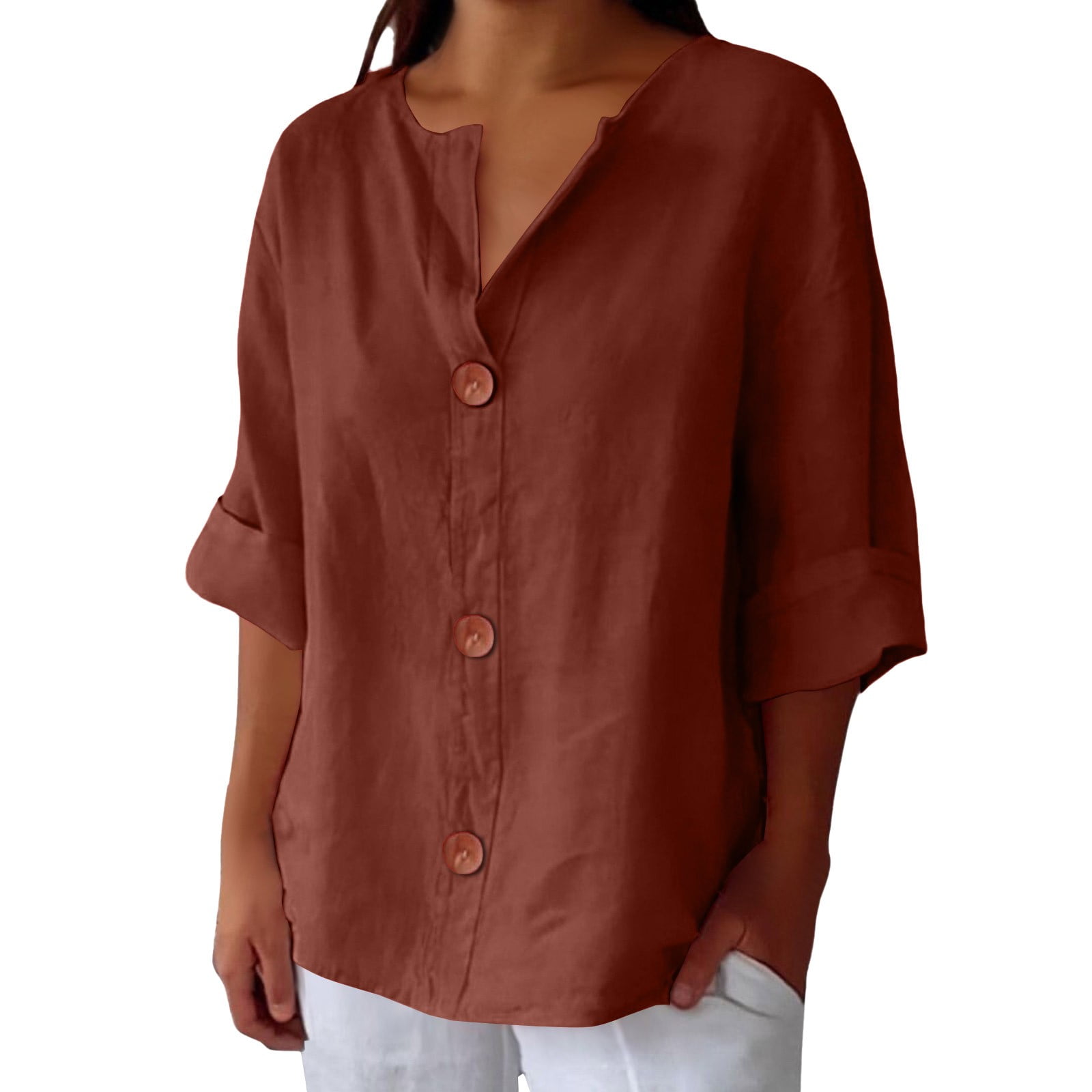 Bovemsi Women's Long Sleeve Tops Linen Shirts Summer Cotton V Neck 3/4 ...