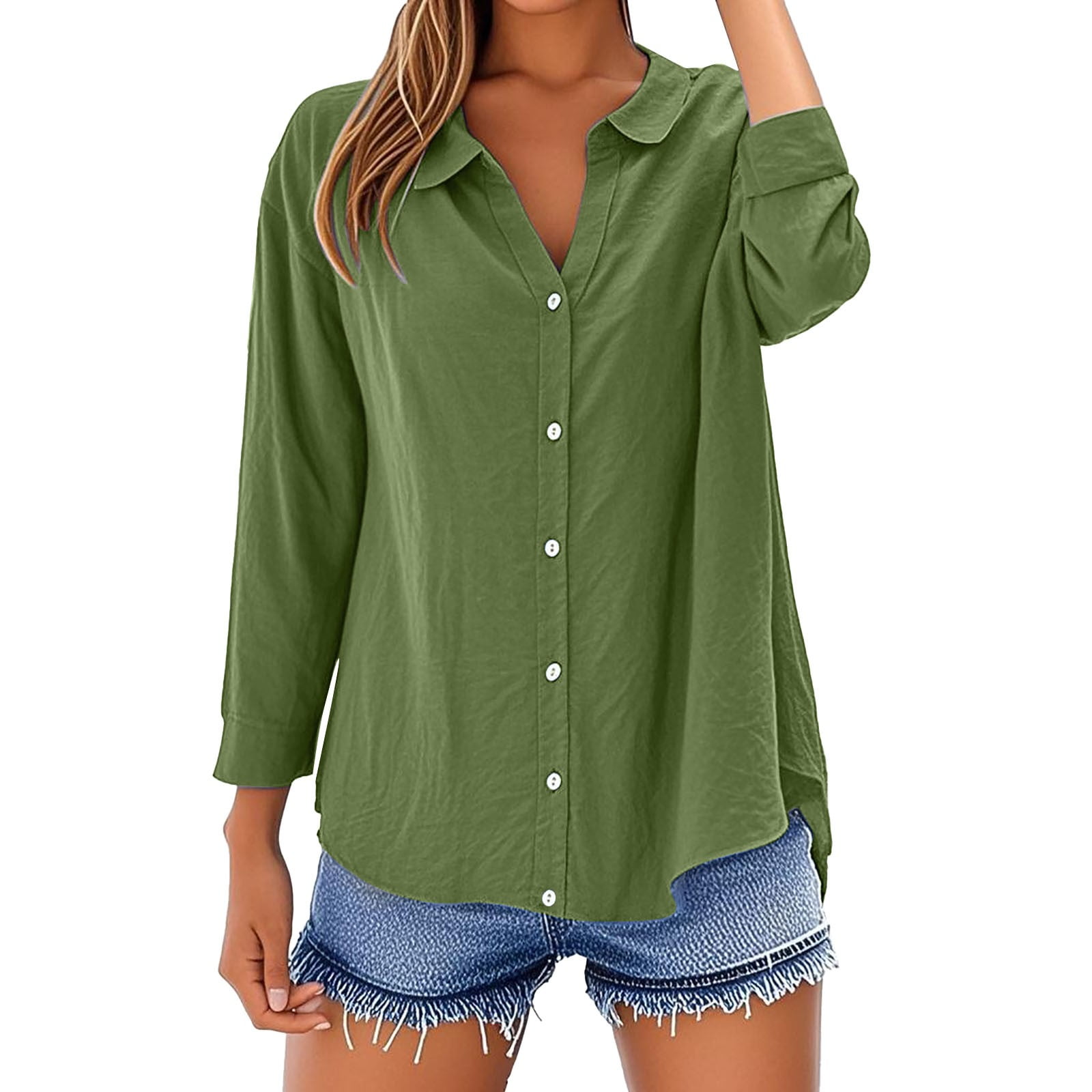 Bovemsi Women's Long Sleeve Tops Loose Shirt Top Stand Solid Color ...