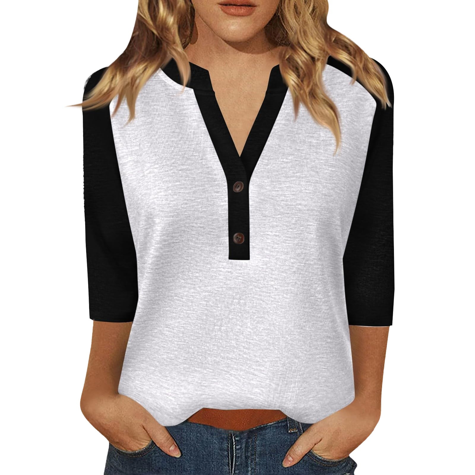 Bovemsi Women's Long Sleeve Tops Summer Printed Top 3/4 Sleeves Buttons ...