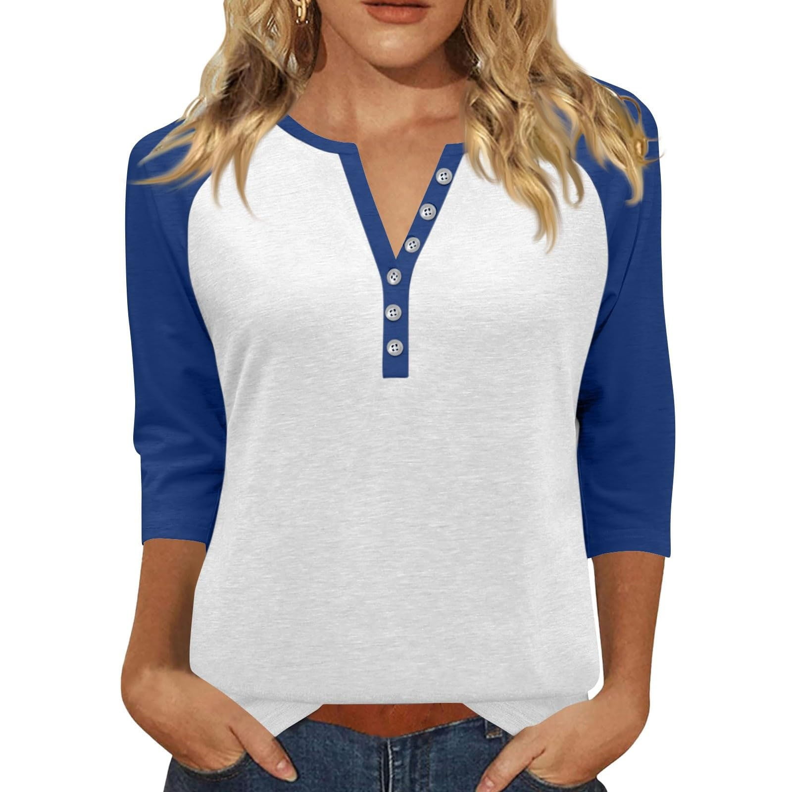 Bovemsi Women's Long Sleeve Tops Summer Printed Top 3/4 Sleeves Buttons ...