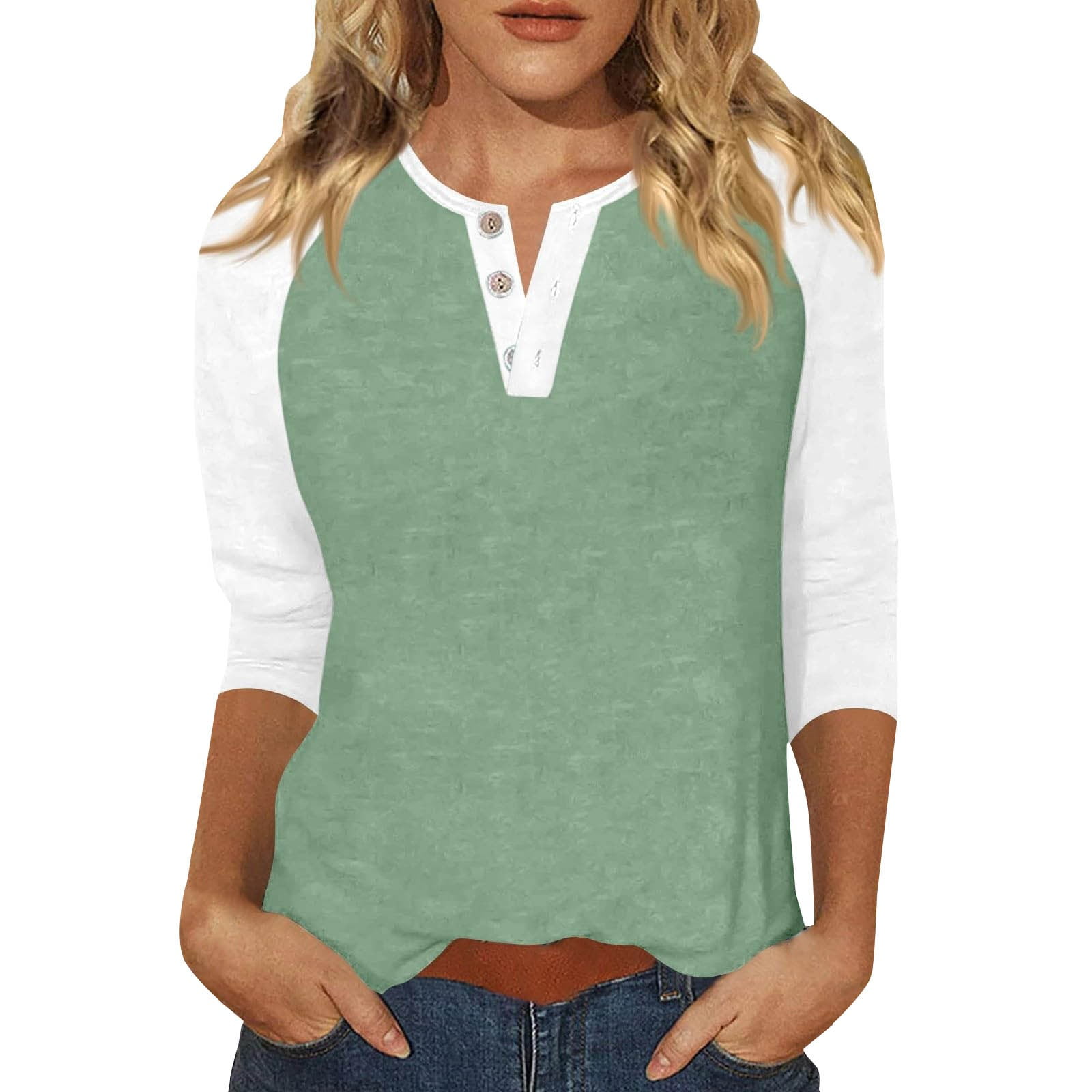 Bovemsi Women's Long Sleeve Tops Summer Printed Top 3/4 Sleeves Buttons ...