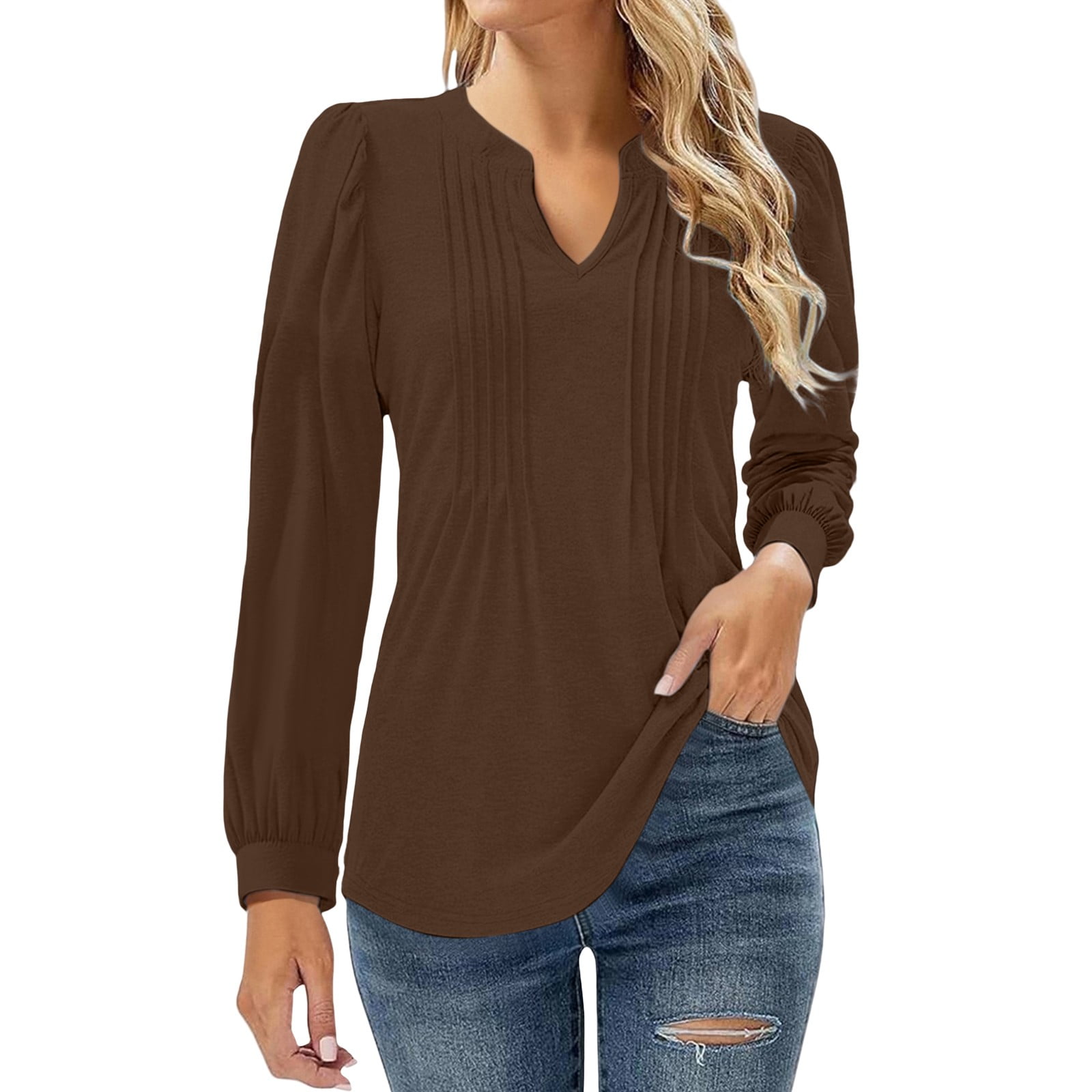 Bovemsi Women's Long Sleeve Tops V Neck Puff T Shirt Pleated Printed ...
