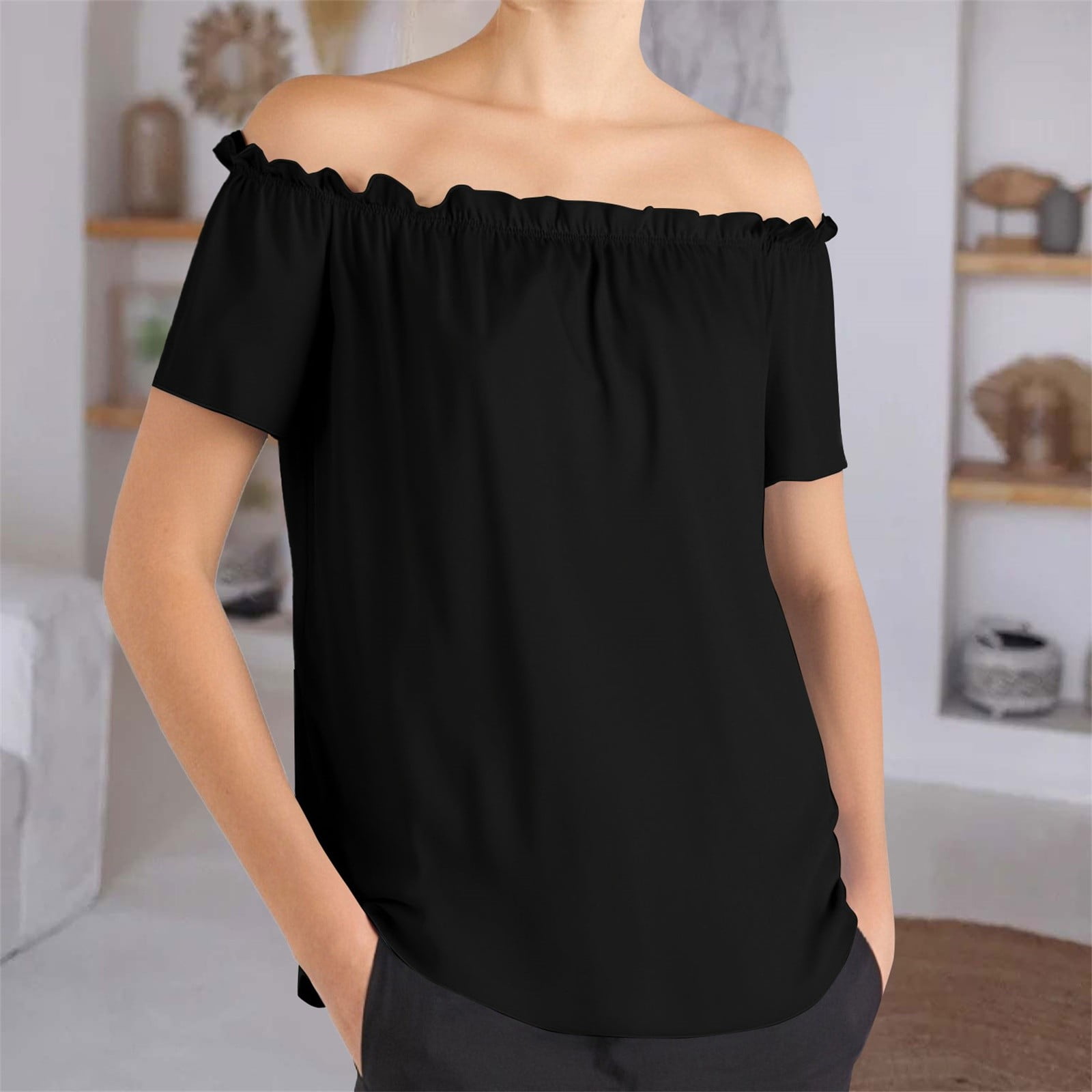 Bovemsi Women's Off The Shoulder Ruffled Shirt One Line Shoulder Short ...