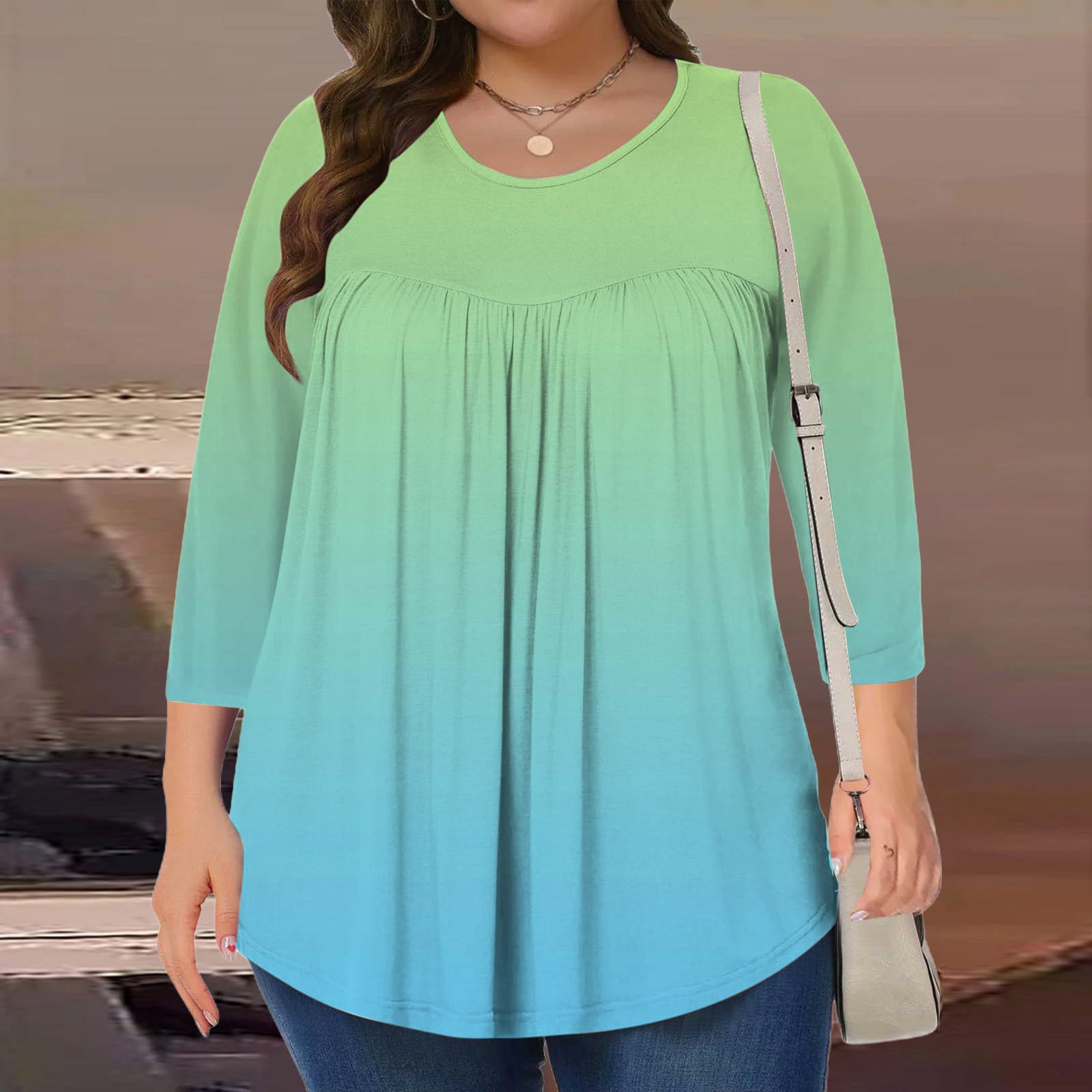 Bovemsi Women's Plus Size 3/4 Sleeve Pleated Tunic Top - Round Neck ...