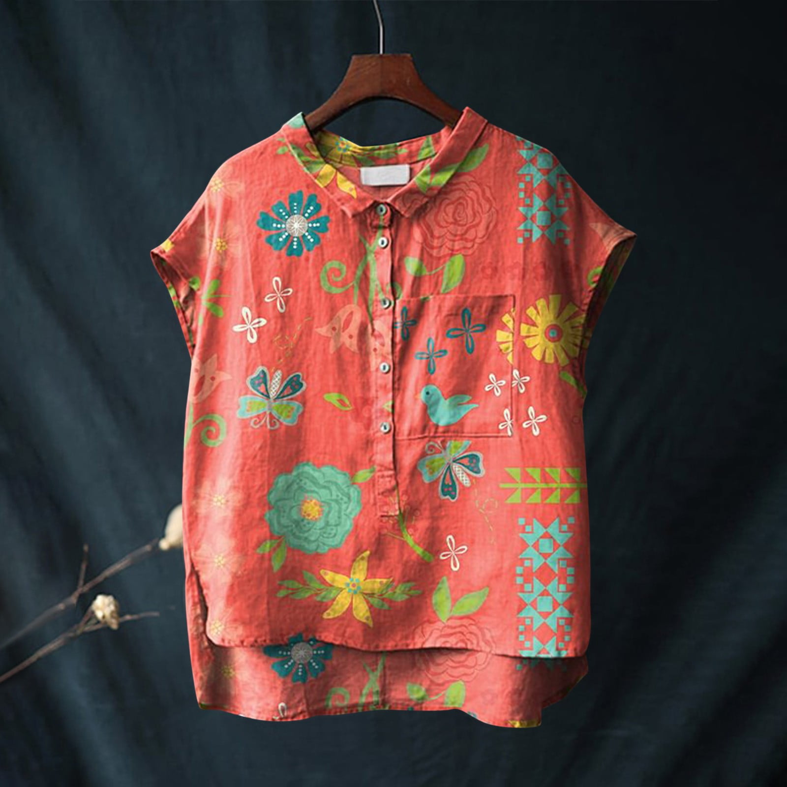 Bovemsi Women's Plus Size Boho Floral Non Sleeve Blouse - Collar Button ...