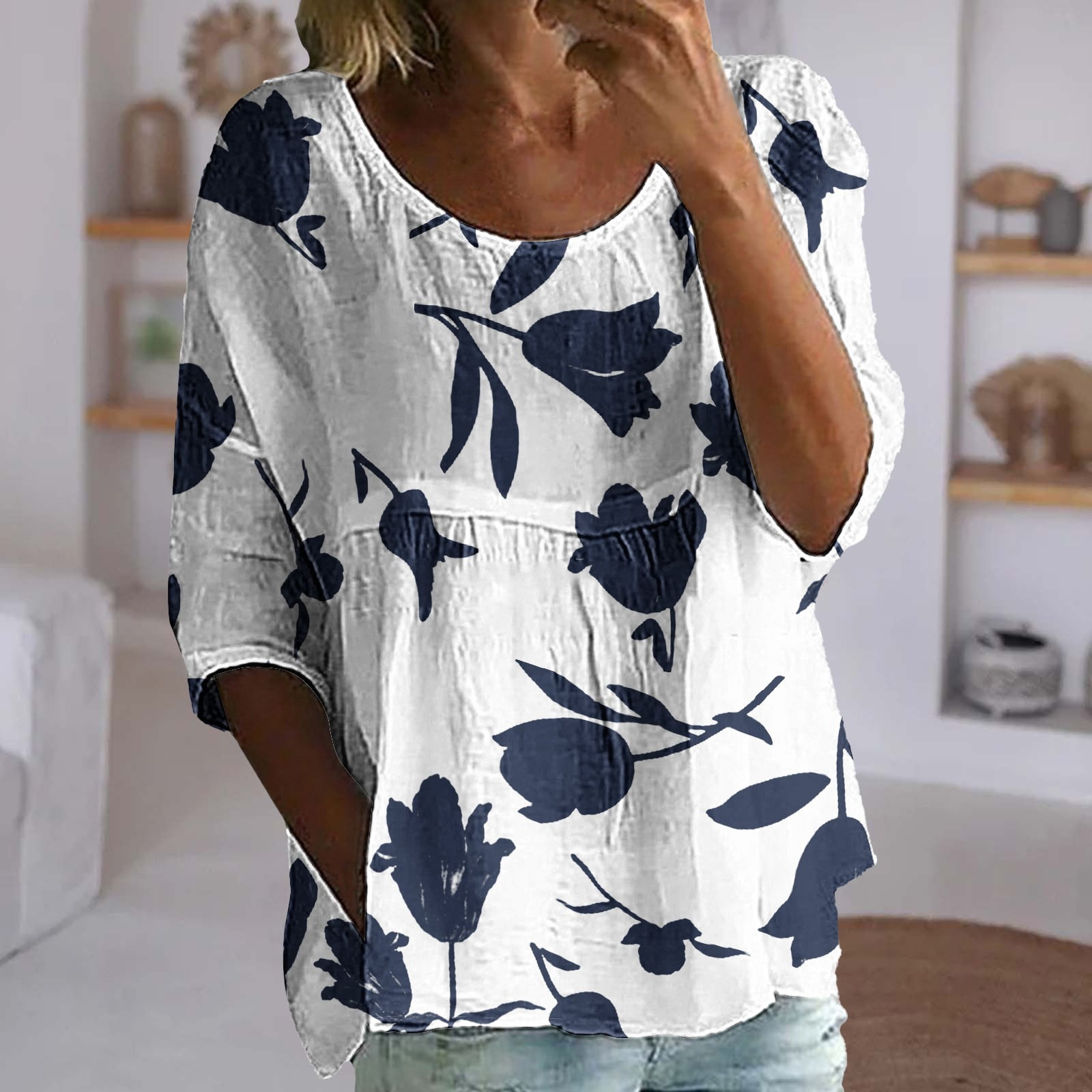 Bovemsi Women's Plus Size Floral Print 3/4 Sleeve Loose T-Shirt - Round ...