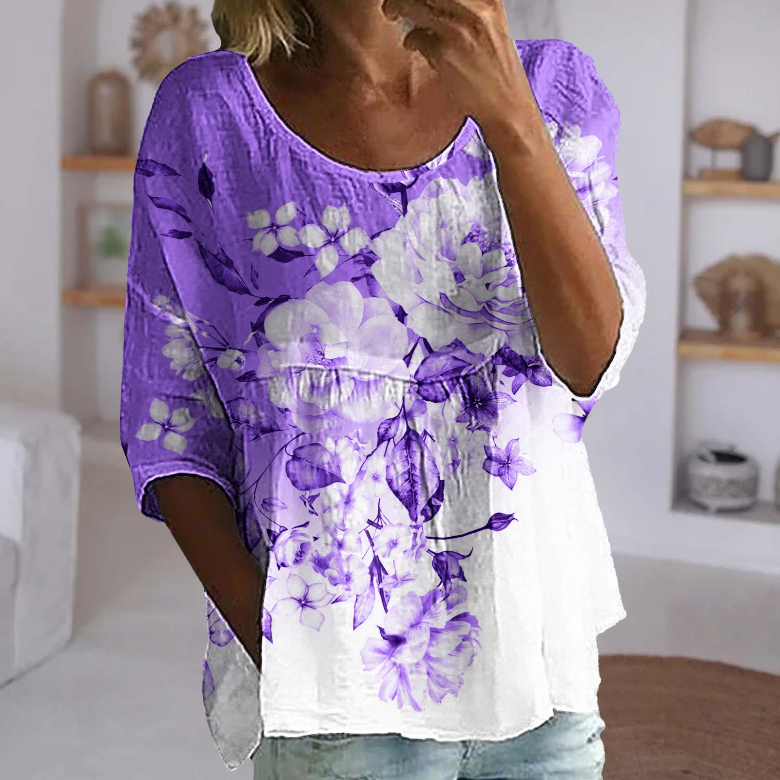 Bovemsi Women's Plus Size Floral Print 3/4 Sleeve Loose T-Shirt - Round ...