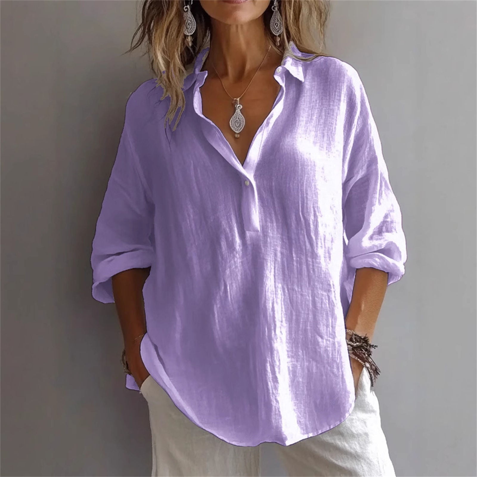Bovemsi Women's Solid Color Cotton and Linen Casual Shirt Loose Long ...