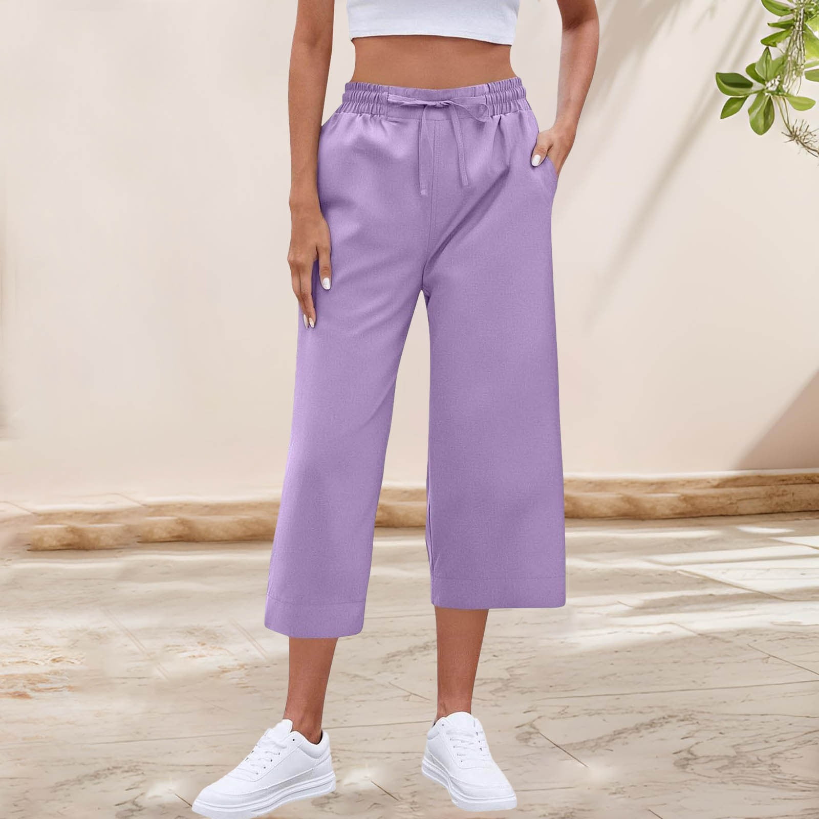 Bovemsi Women's Solid Color Loose Fit Seven- Quarter Pants – Slit Cuff ...
