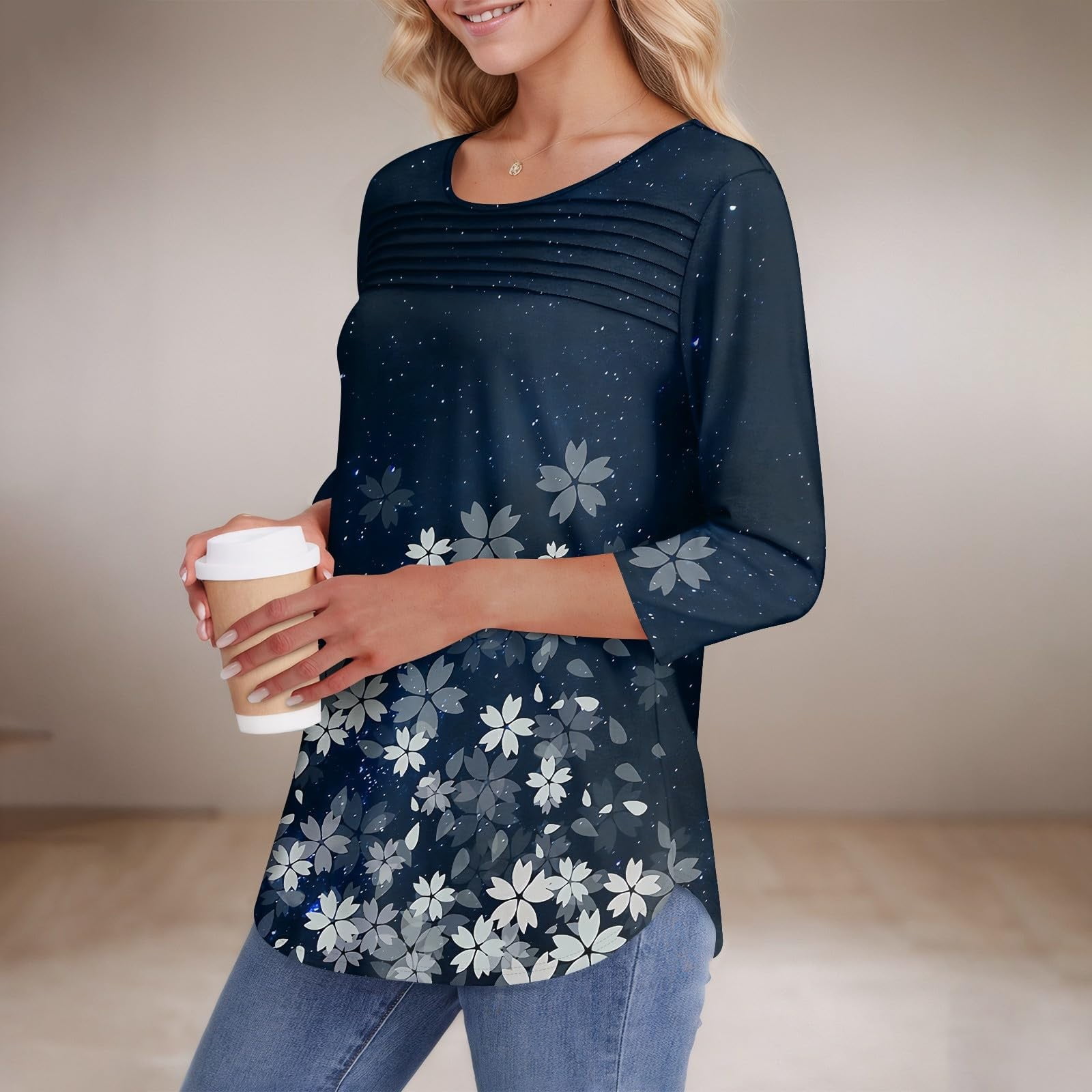 Bovemsi Womens 3/4 Length Sleeve Tops Casual Summer Pleated Front T ...