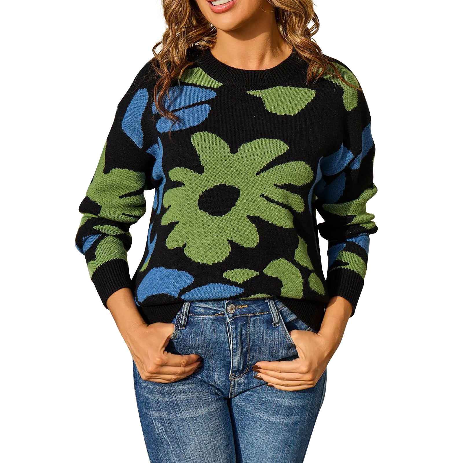 Bovemsi Womens Sweaters Cozy Autumn New Round Neck Knitted Long Sleeve ...