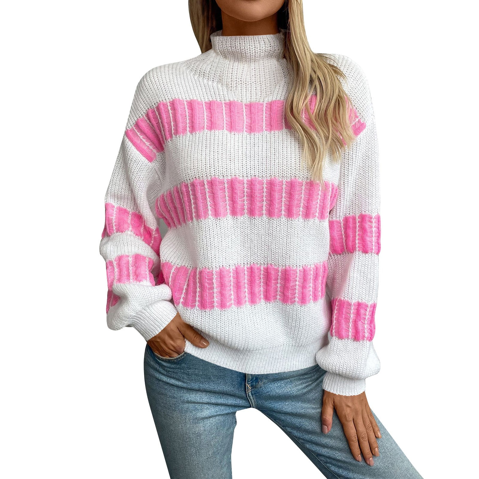 Bovemsi Womens Sweaters Cozy Striped Sweater For Women Long Puff Sleeve ...