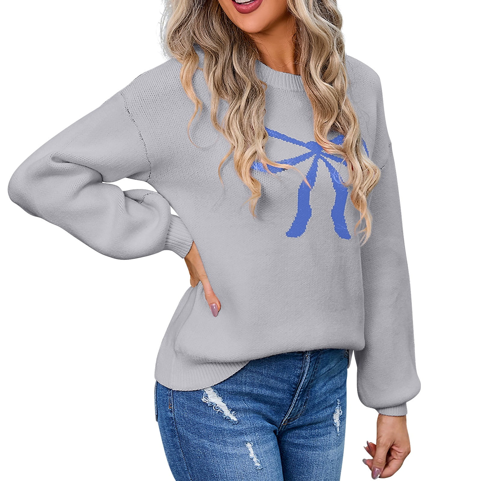 Bovemsi Womens Sweaters Women's Casual Round Neck Bow Sweater Autumn ...