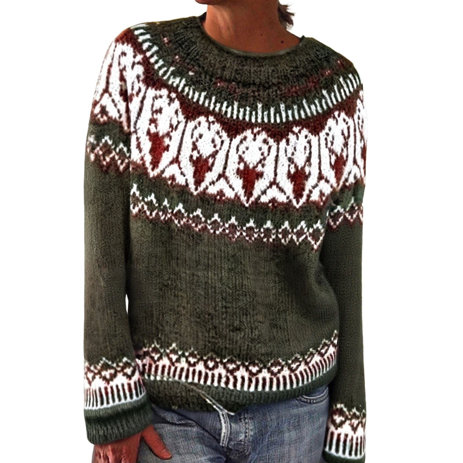 Bovemsi Womens Sweaters Women's Knitted Isle Print Retro Sweater Casual ...