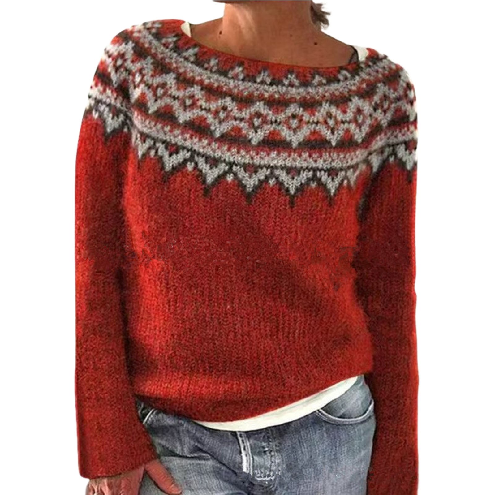 Bovemsi Womens Sweaters Women's Knitted Isle Print Retro Sweater Casual ...