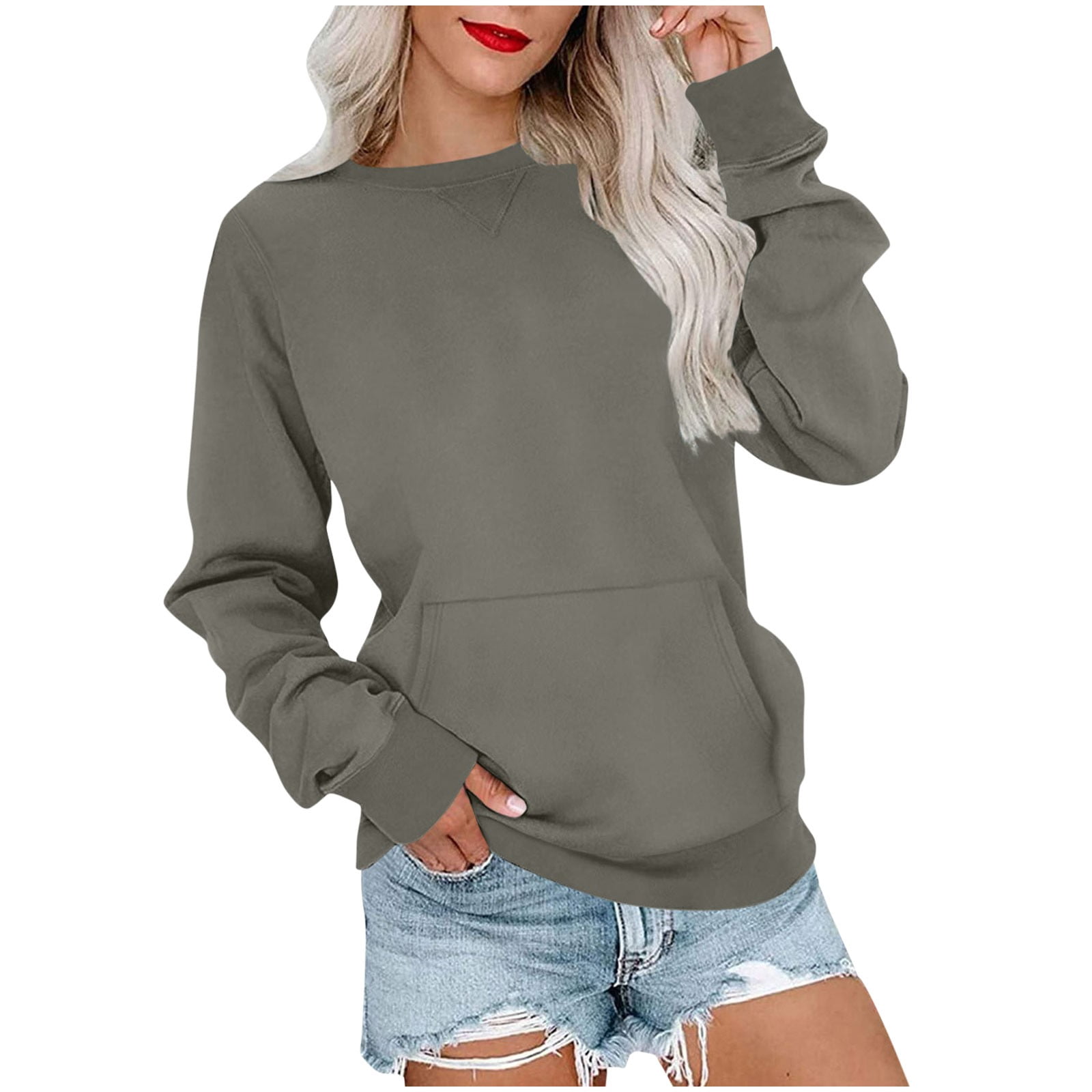 Bovemsi Womens Sweatshirts Women's Solid Color Sweatshirt Long Sleeved ...