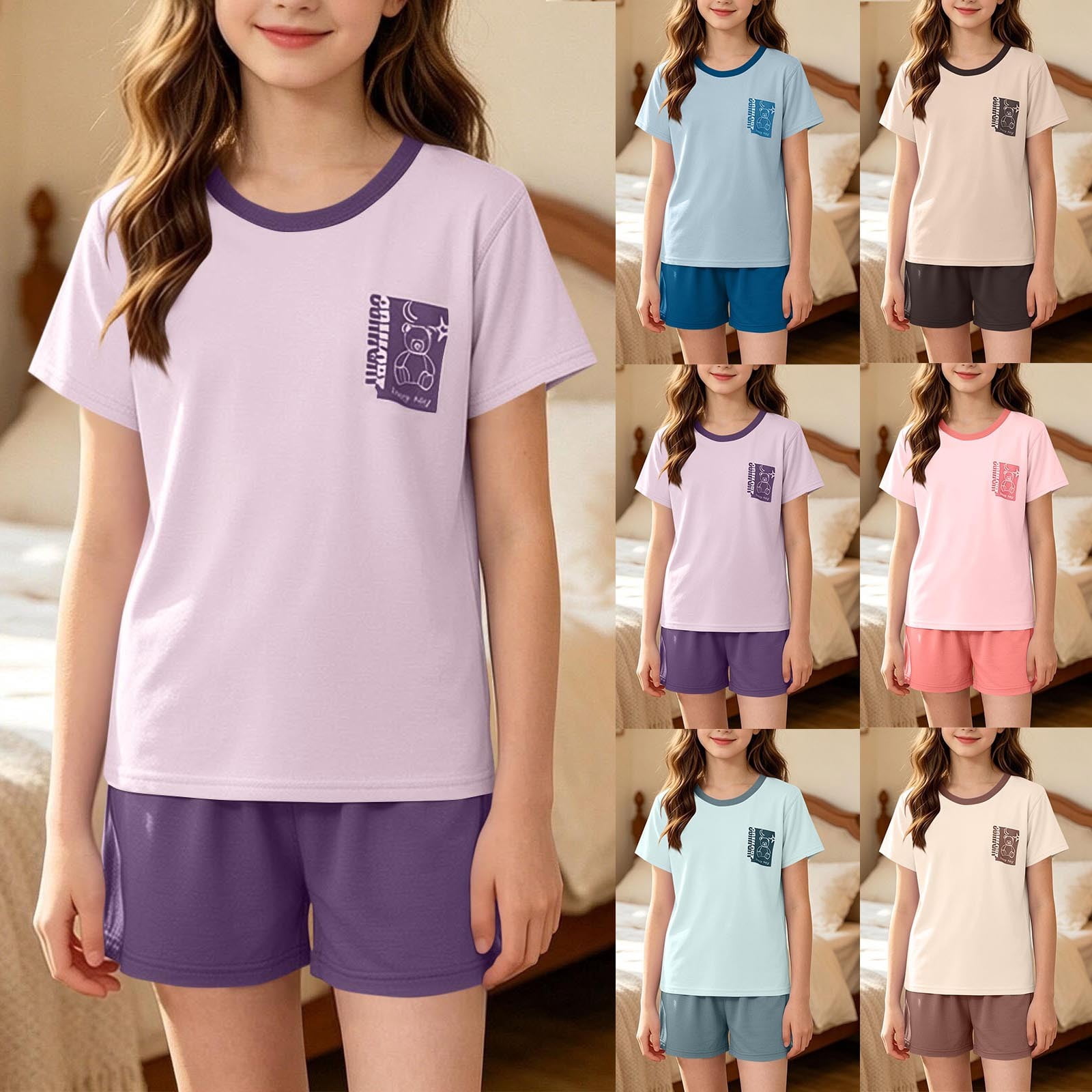 Bovxnpu Girls Boys Outfits Set Kids Print Home Wear Set Bear Crew Neck ...
