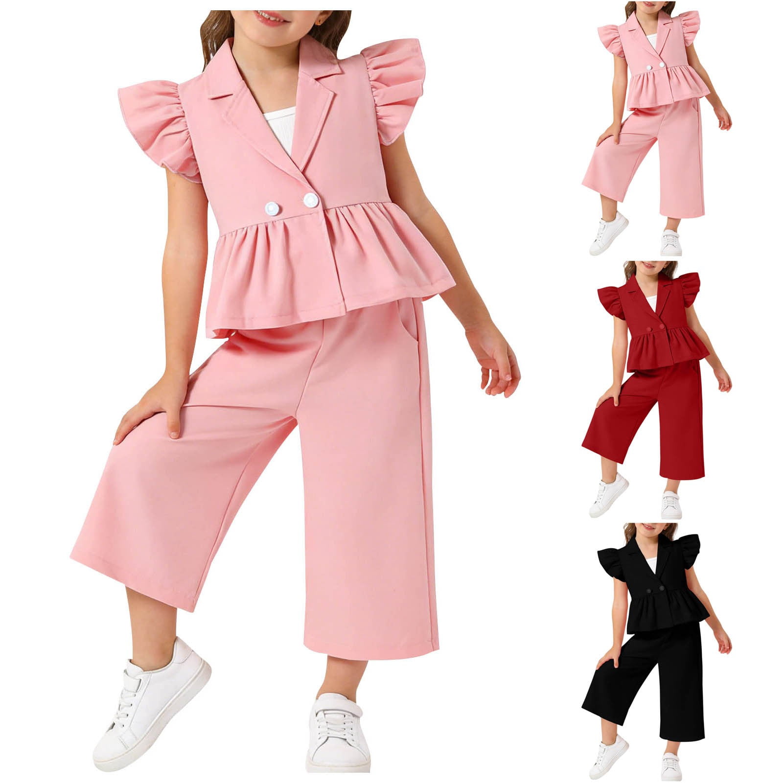 Bovxnpu Girls' Pant Sets Girl's Solid V-Neck Collared Ruffle Sleeve ...