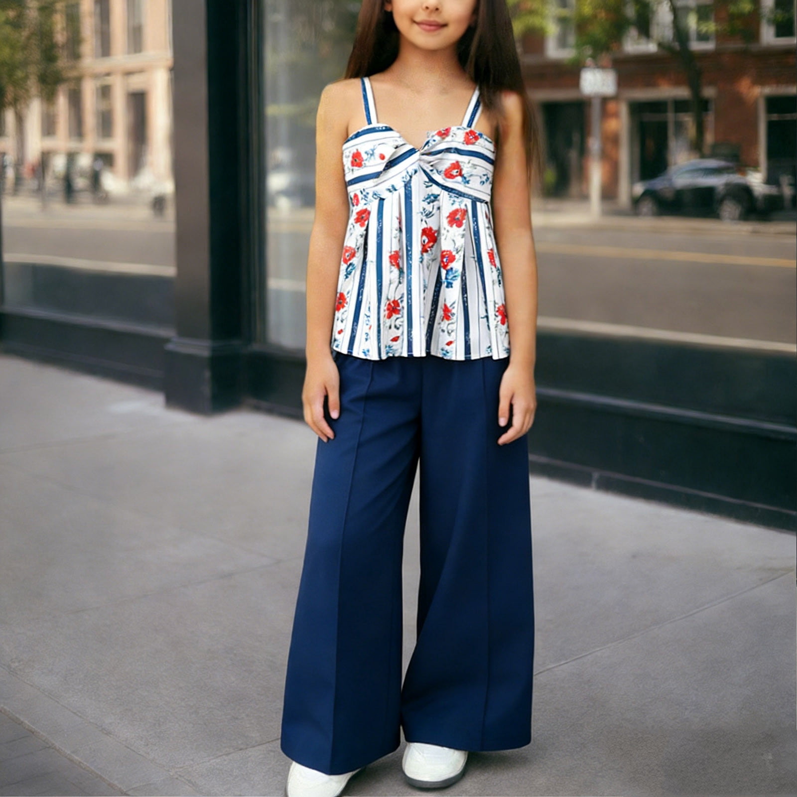 Bovxnpu Girls' Pant Sets Girls Vintage Floral Graphic Crop Top Wide-leg ...