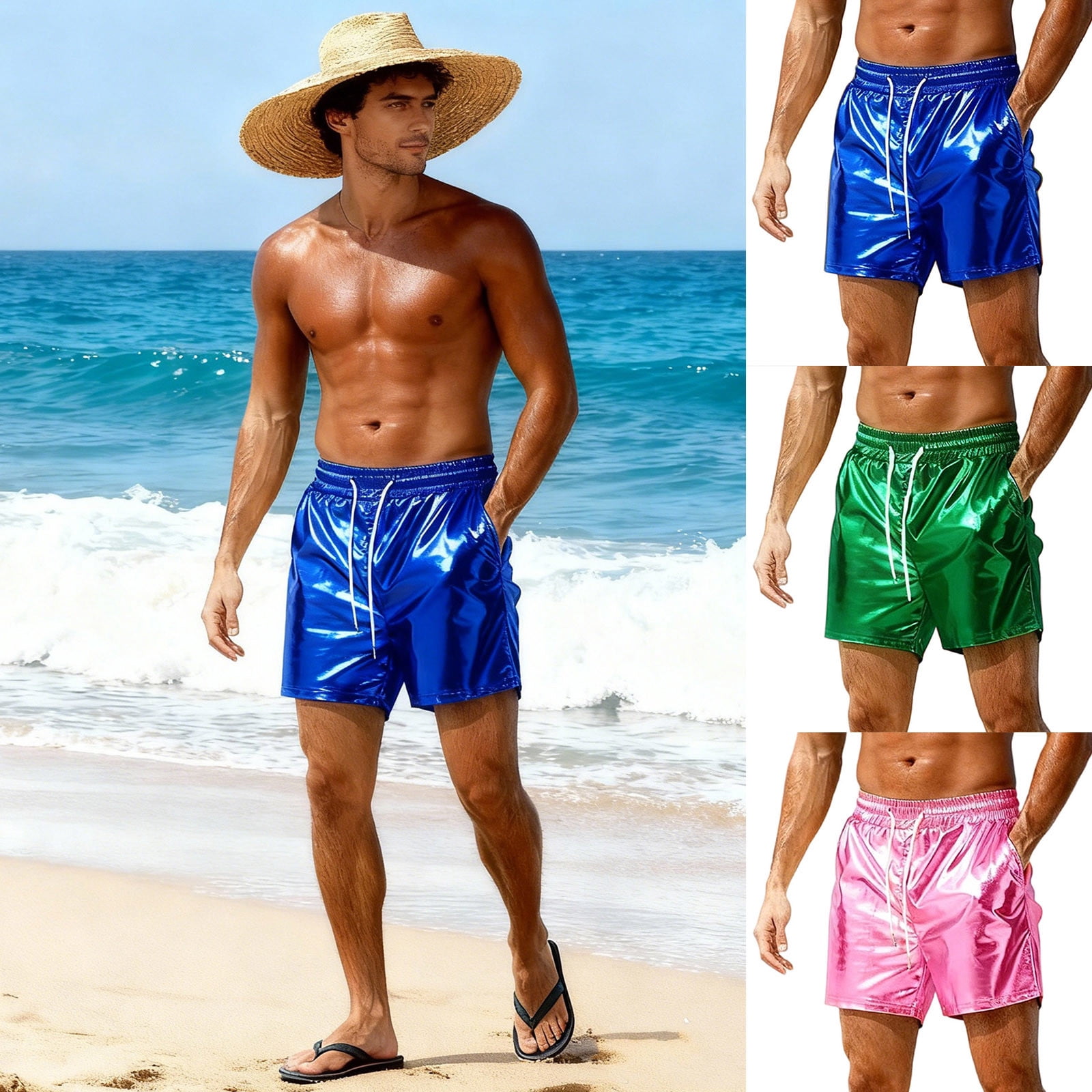 Bovxnpu Men's Swim Trunks Men's Patent Leather 3-Color Casual Beach ...