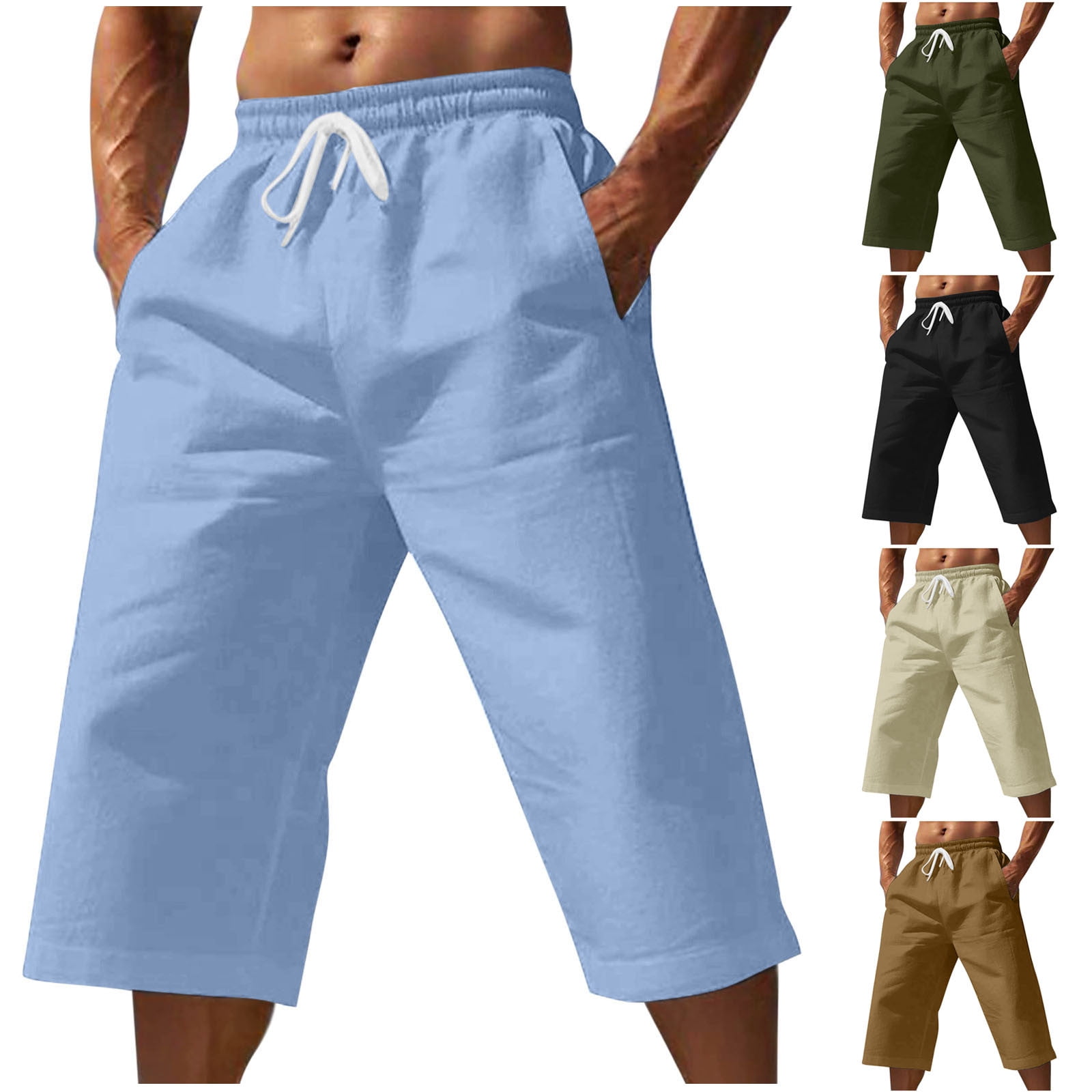 Bovxnpu Mens Plus Size Pants Men's Capris Pants Cotton Linen Trousers ...