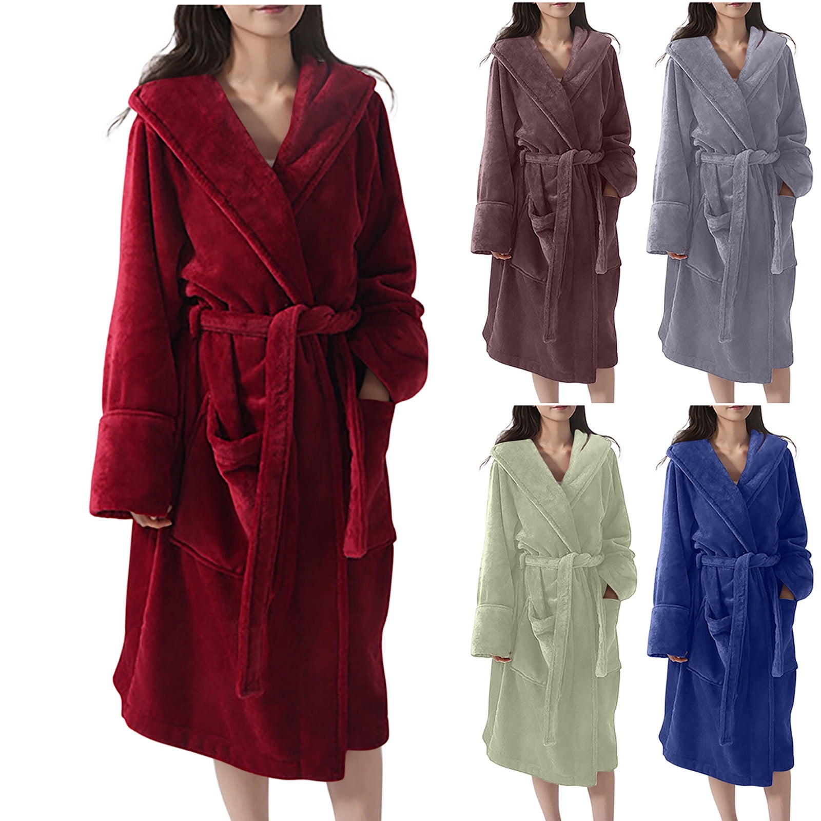 Bovxnpu Robes for Women, Women's Fleece Hooded Bathrobe Long Spa Robe ...