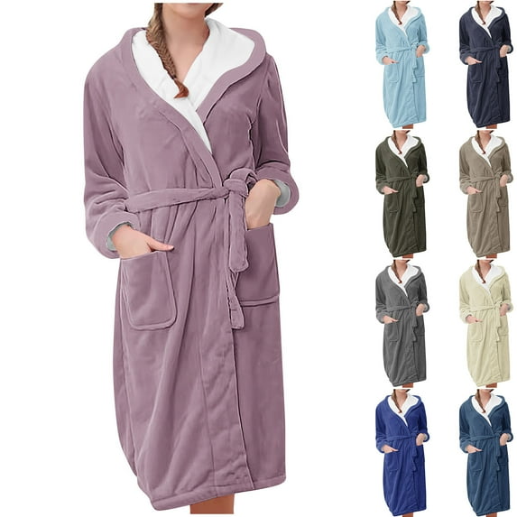 Bovxnpu Robes for Women, Women's Fleece Hooded Bathrobe Long Spa Robe ...
