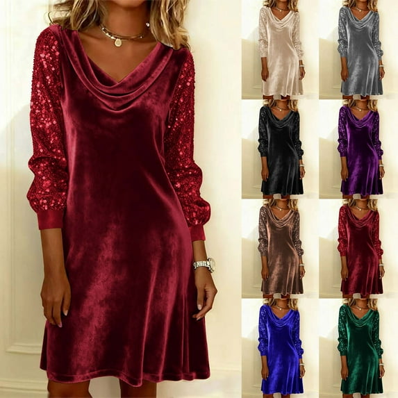 Bovxnpu Spring Dresses for Women, Women Long Sleeve Velvet Mini Dress ...