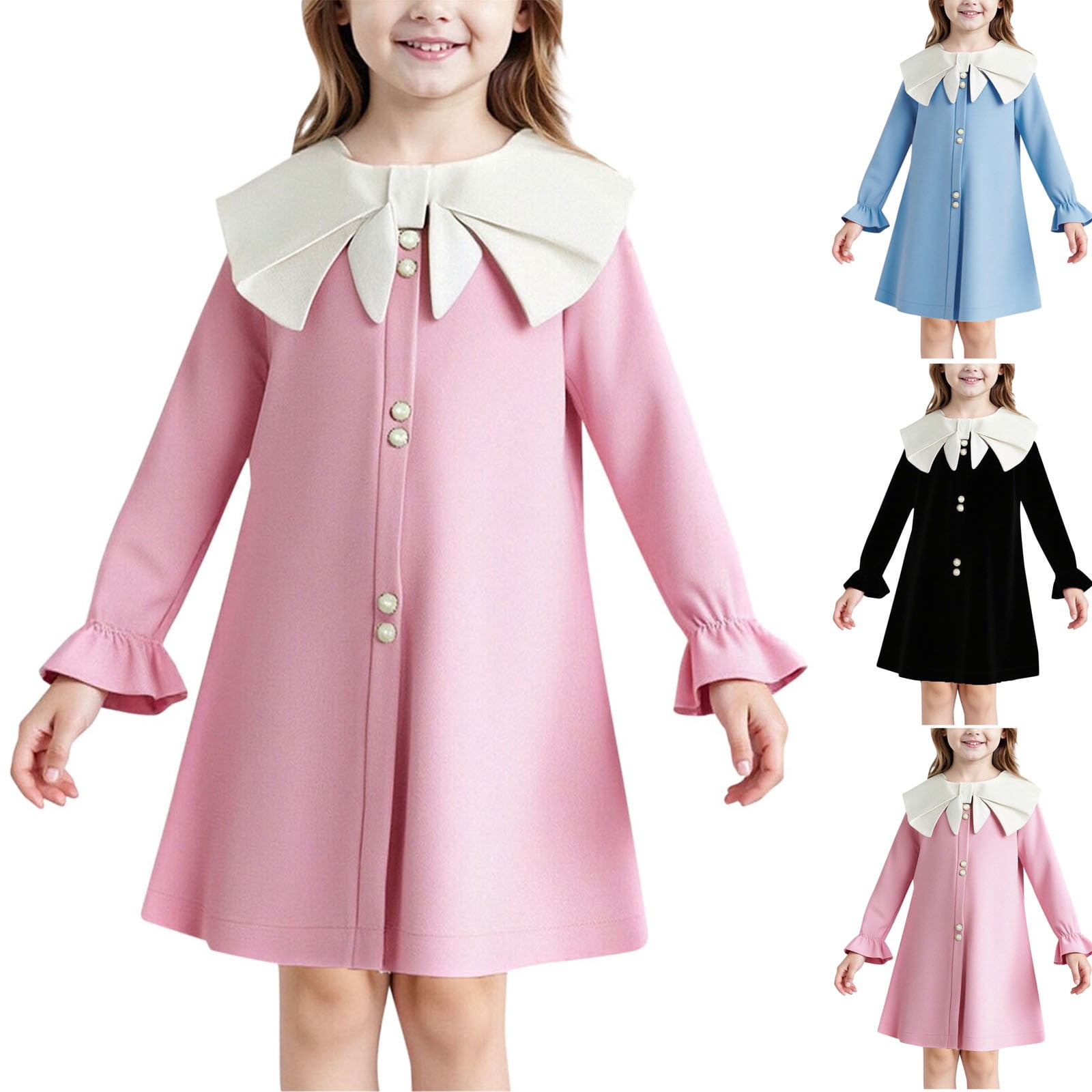 Bovxnpu Spring Girls Dresses, Girls Long Sleeve Collar Neck Casual ...