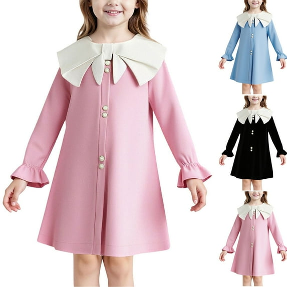 Bovxnpu Spring Girls Dresses, Girls Long Sleeve Collar Neck Casual ...