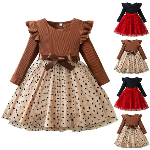 Bovxnpu Spring Girls Dresses, Girls Ruffle Sleeve Round Neck Princess ...