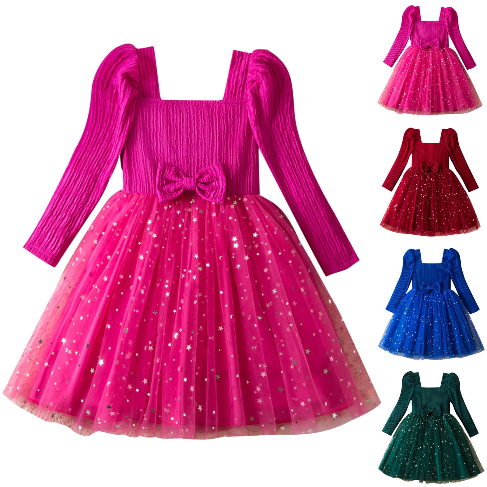 Bovxnpu Spring Girls Dresses, Girls Ruffle Sleeve Squared Neck Princess ...
