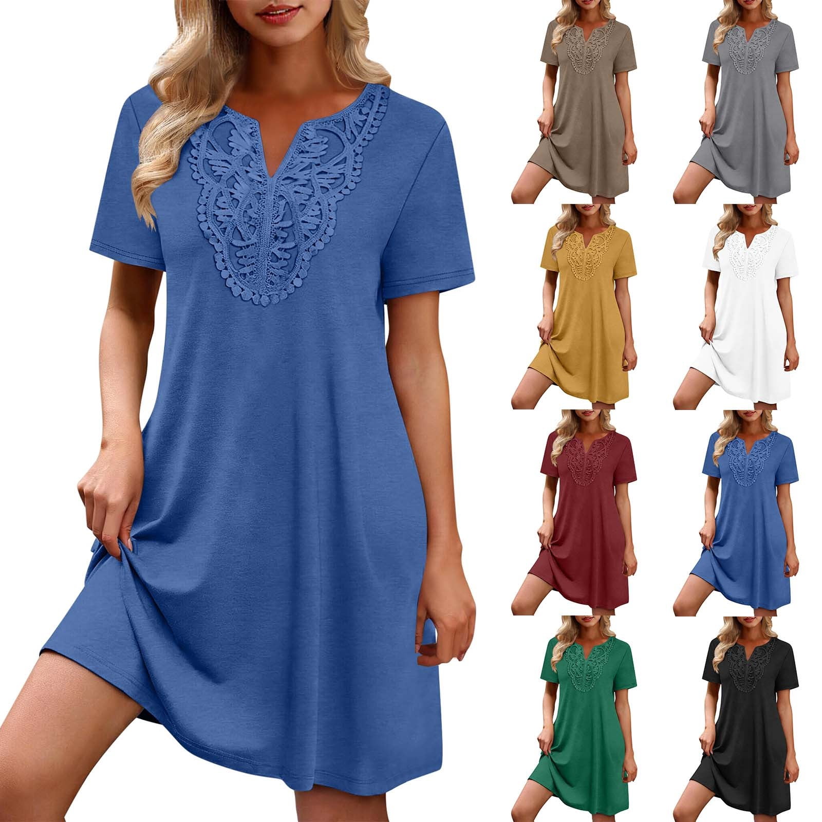 Bovxnpu Summer Dresses for Women Solid V Neck Dress Short Sleeve with ...