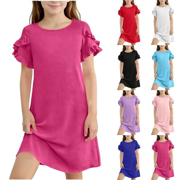 Bovxnpu Summer Girls Dresses, Girls Crew Neck Short Sleeve Lace Pocket ...