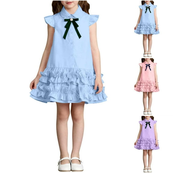 Bovxnpu Summer Girls Dresses, Girls Long Sleeve Collared Button Ruffle ...