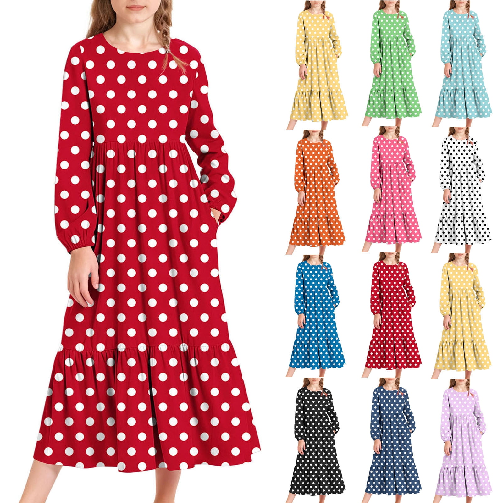 Bovxnpu Summer Girls Dresses, Girls Long Sleeve Round Neck Polka ...