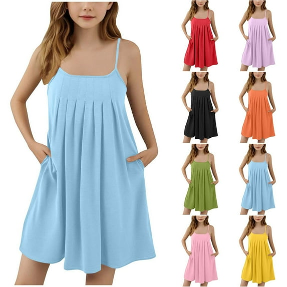 Bovxnpu Summer Girls Dresses, Girls Pleated Dress Adjustable Spaghetti ...