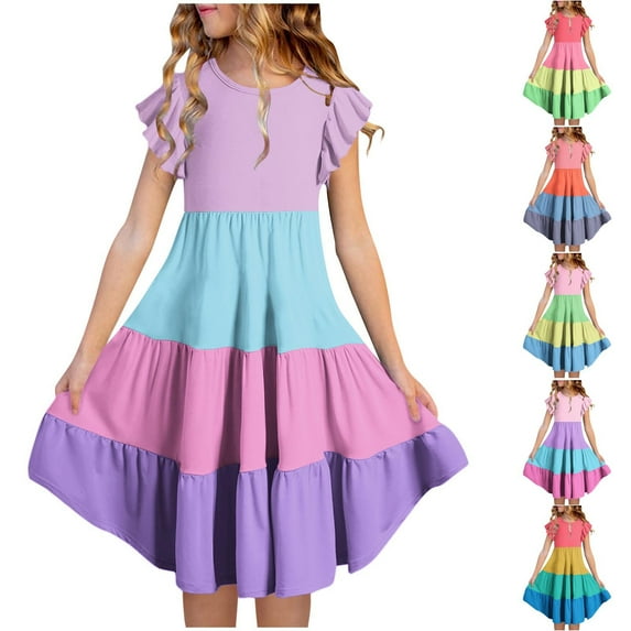 Bovxnpu Summer Girls Dresses, Girls Short Sleeve Crew Neck Tiered A ...