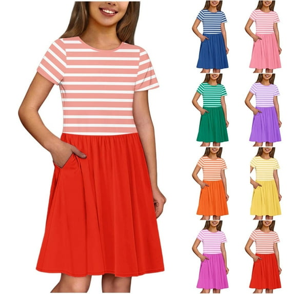 Bovxnpu Summer Girls Dresses, Girls Short Sleeve Striped Dress with ...