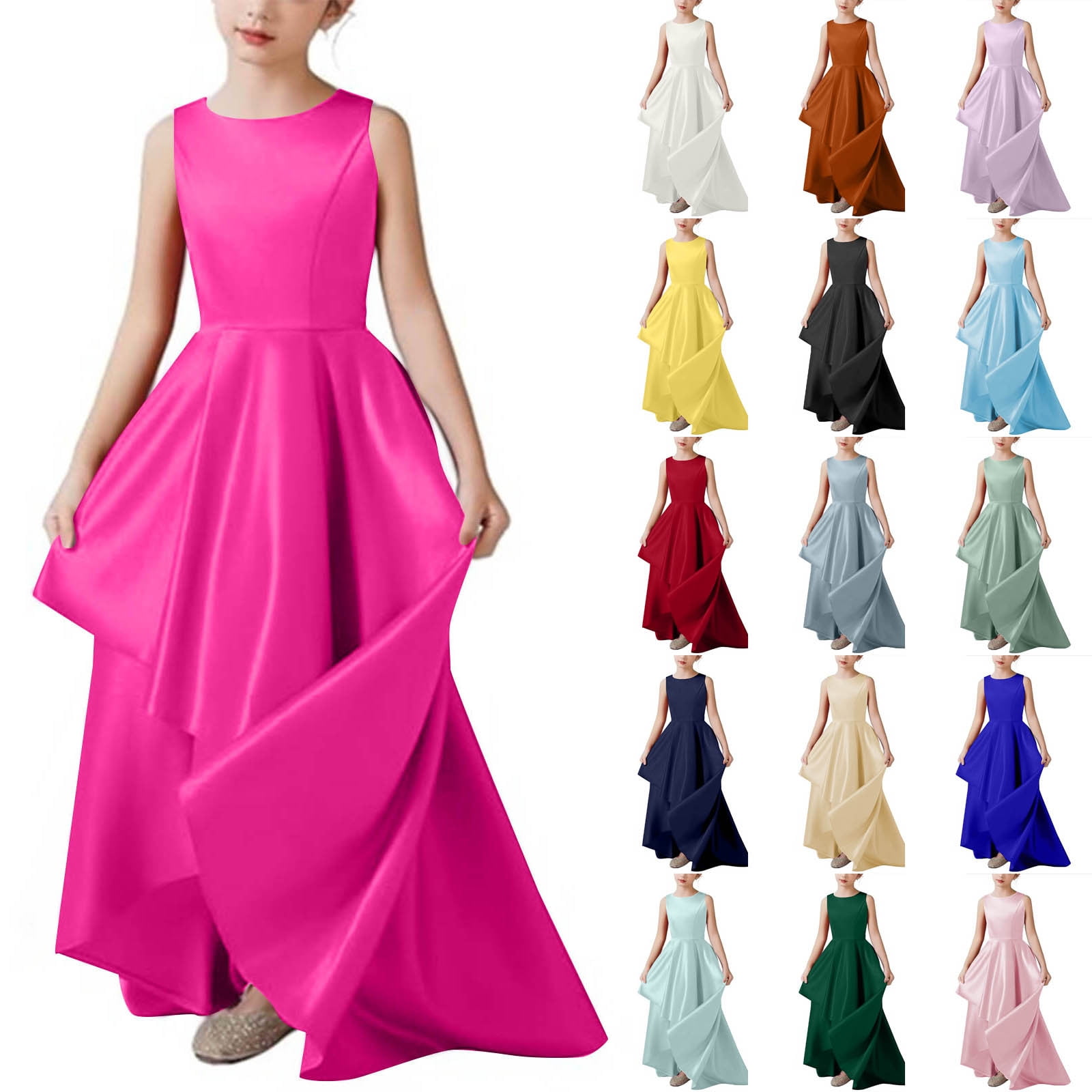 Bovxnpu Summer Girls Dresses, Girls Sleeveless Round Neck Satin Fitted ...