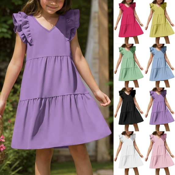 Bovxnpu Summer Girls Dresses, Girls V-Neck Sleeveless Ruffled Panel ...