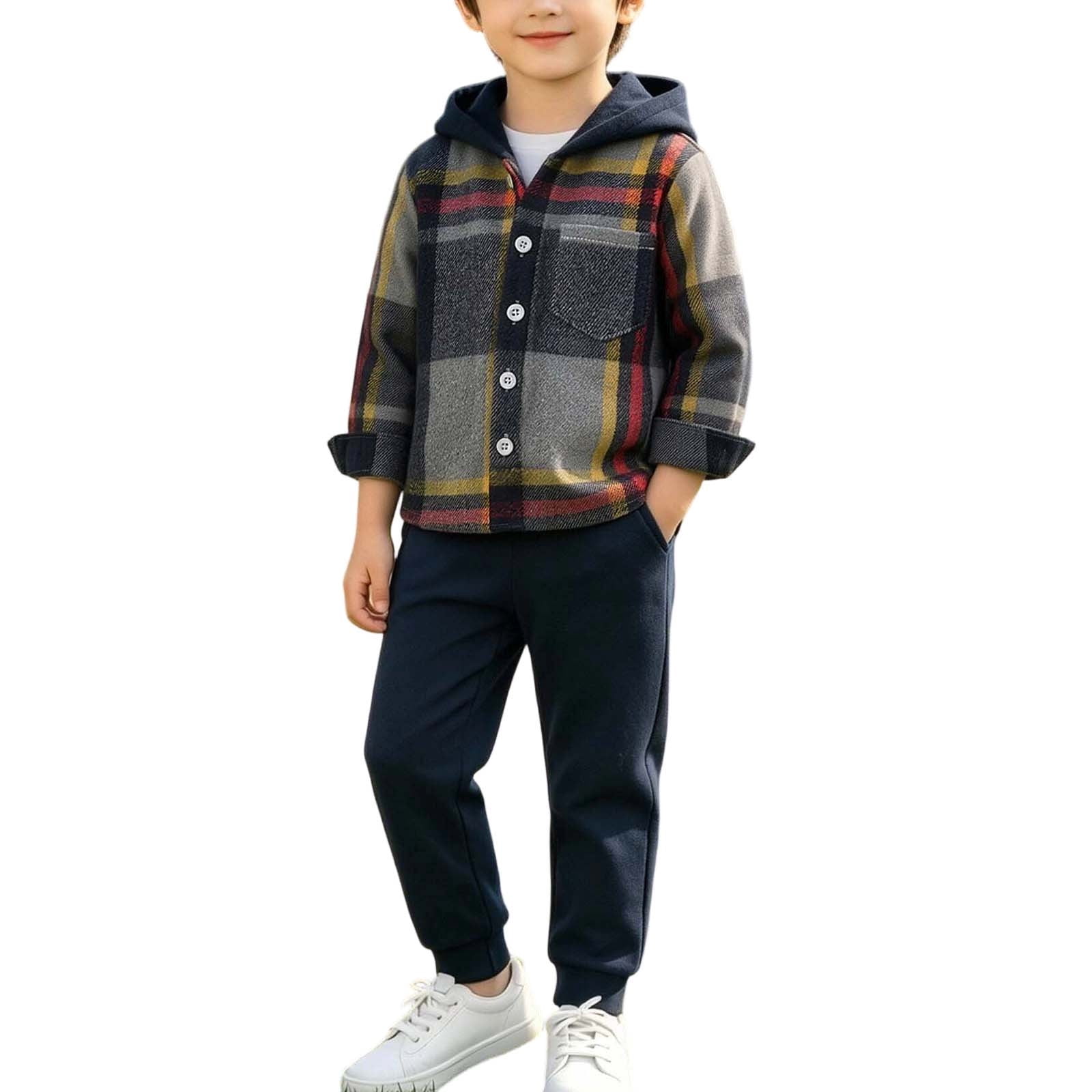 Bovxnpu Unisex Boys Pants Set Plaid Print Long Sleeve Hooded Button ...