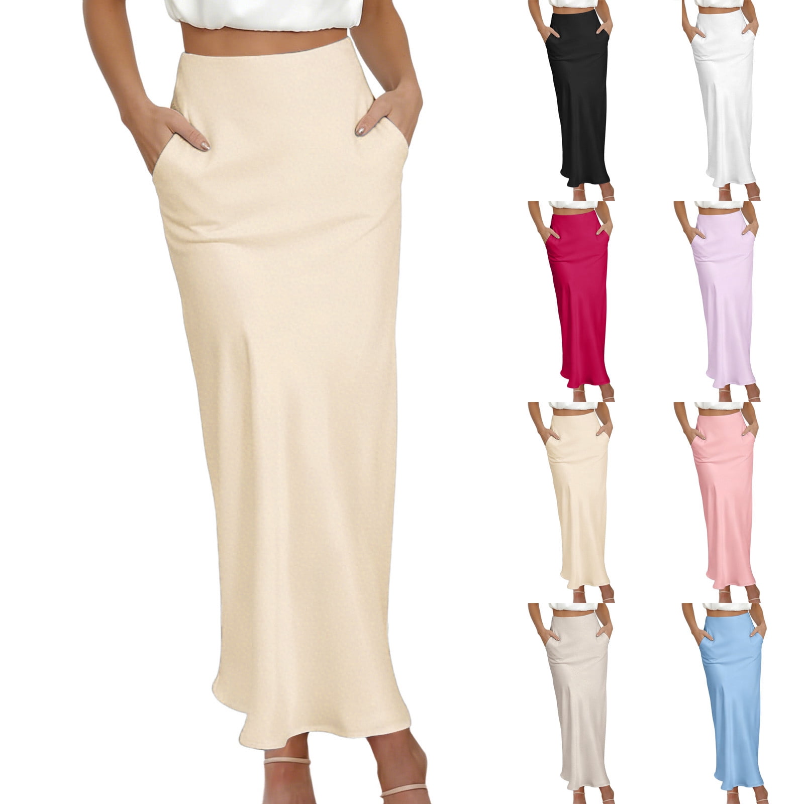 Bovxnpu Women's Bodycon Midi Skirt Satin Elastic Waist with Pockets ...