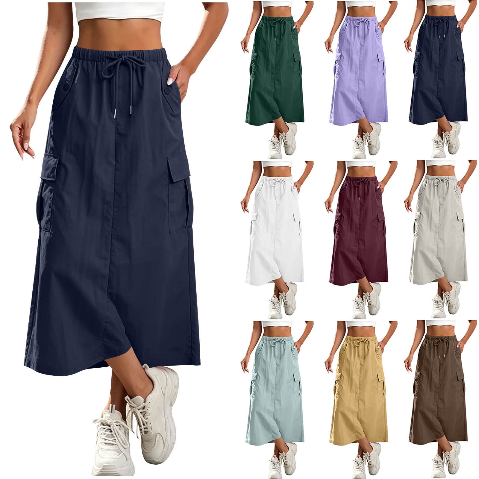 Bovxnpu Women's Cargo Midi Skirt Cargo Slit Stretchy Belt Drawstring ...