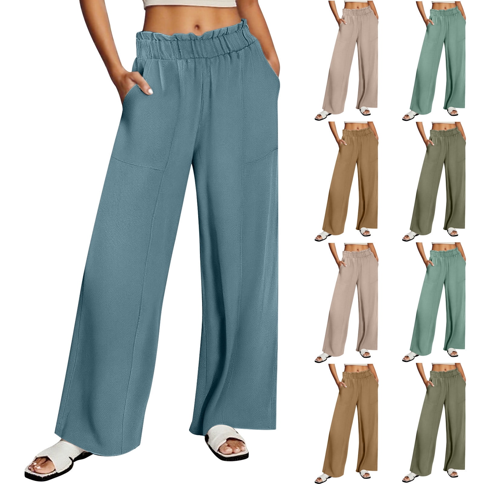 Bovxnpu Women's Linen Flowy Wide Leg Beach Trousers with Pockets ...