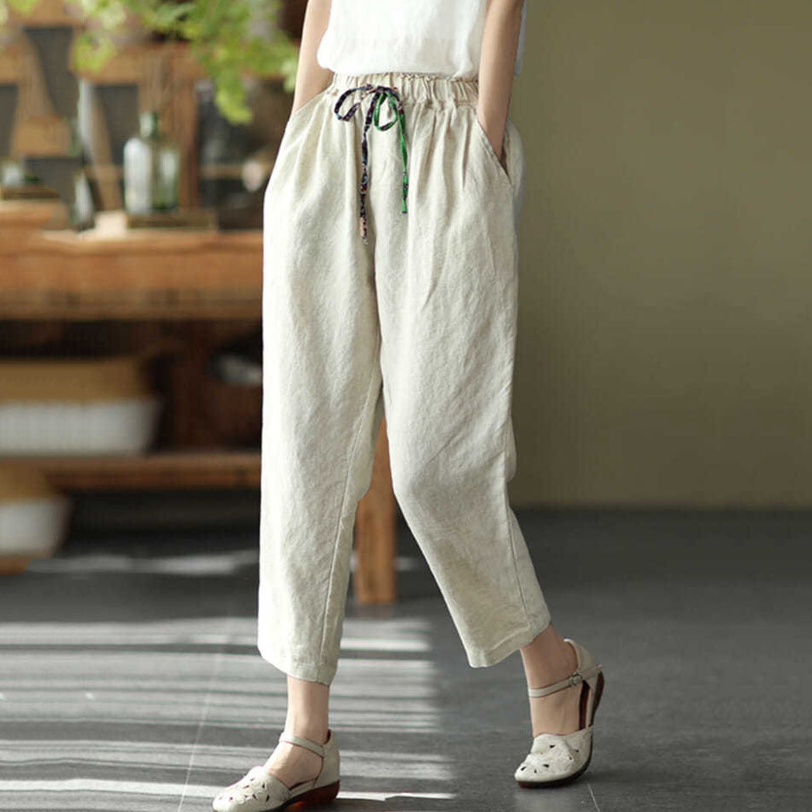 Bovxnpu Women's Pajama Pants Sleep Lounge Pants Linen Pocket Elastic ...